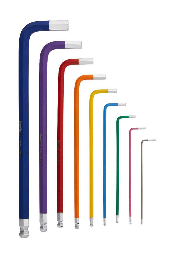 BLUE SPOT TOOLS 9 PCE EXTRA LONG COLOUR CODED BALL END HEX KEY SET (1.5-10MM)